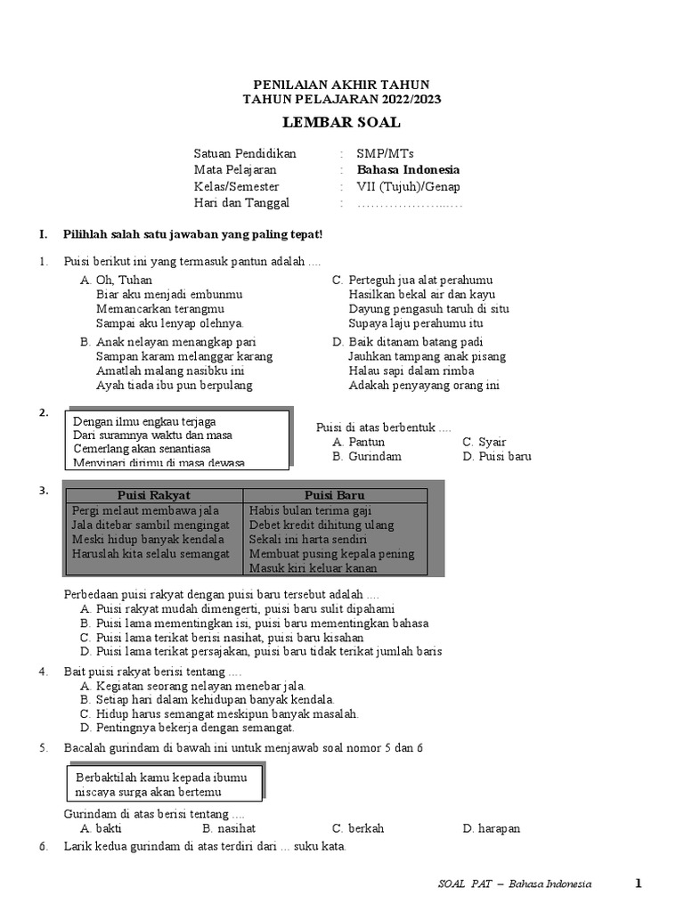 Soal Pat Bahasa Indonesia Kelas 7 Sem.2 | PDF