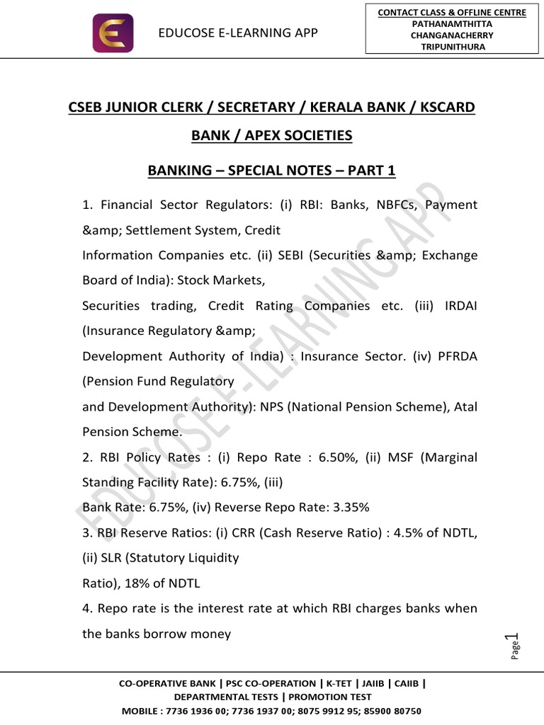 CSEB Junior Clerk Exam Study Guide | PDF | Reserve Bank Of India | Stocks
