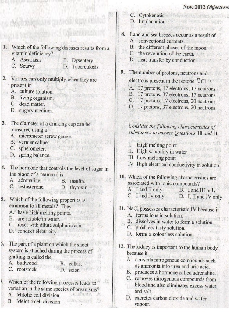 WASSCE WAEC Integrated Science Nov Dec 2012 Past Questions and Answers ...