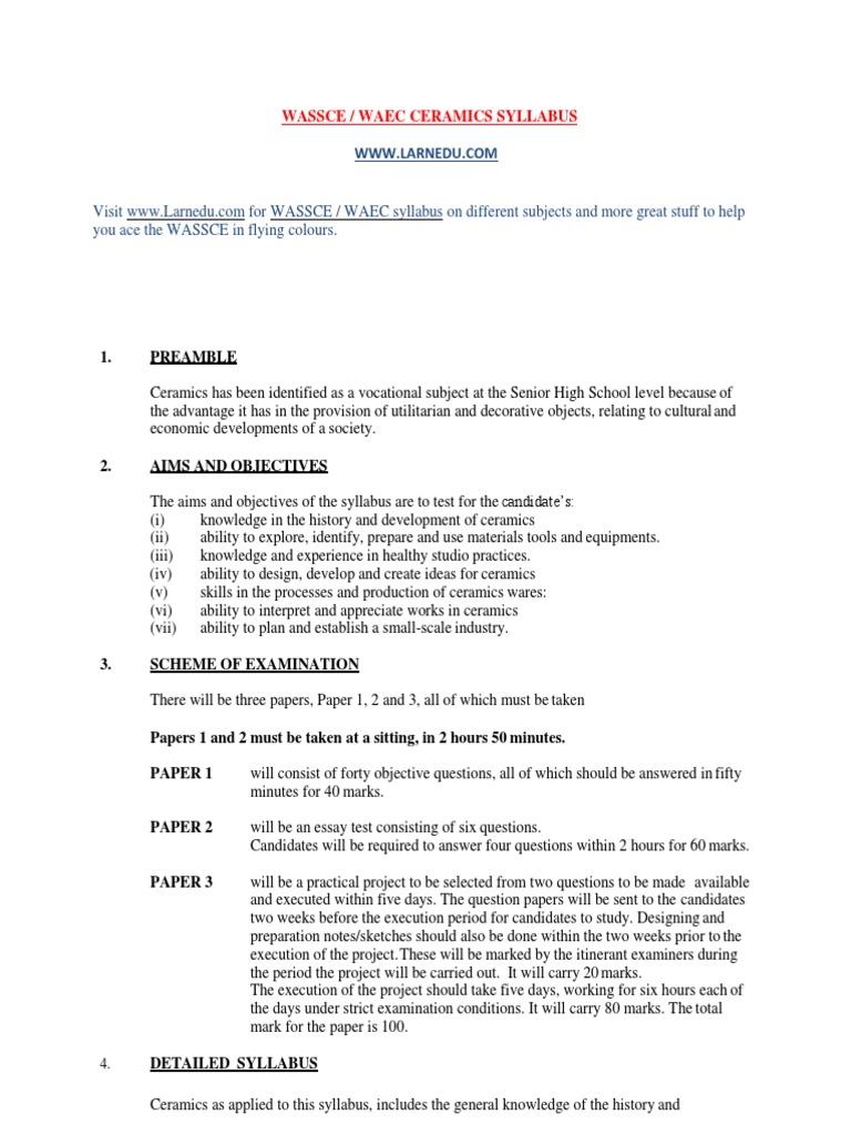 WASSCE WAEC Ceramics Syllabus | PDF | Pottery | Clay