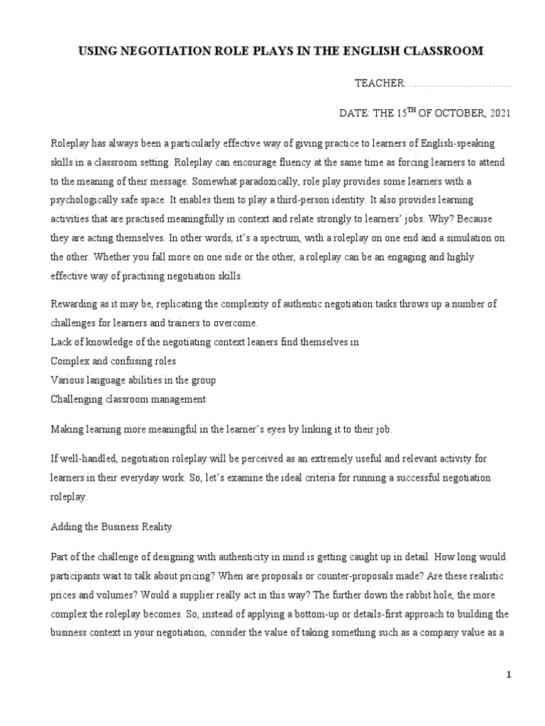 Using Negotiation Role Plays in The English Classroom | PDF | Learning | Negotiation