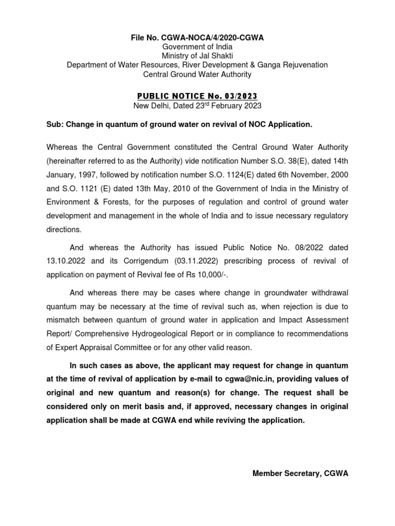 CGWA-Revival of NOC Notice | PDF