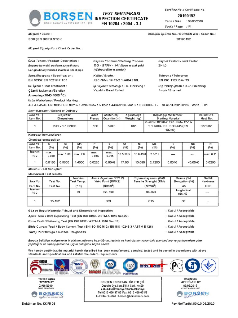 Test Sertifikasi Inspection Certificate EN 10204: 2004 - 3.1 | PDF