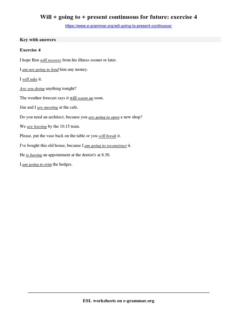 Will Going To Present Continuous Exercise 4 Key | PDF