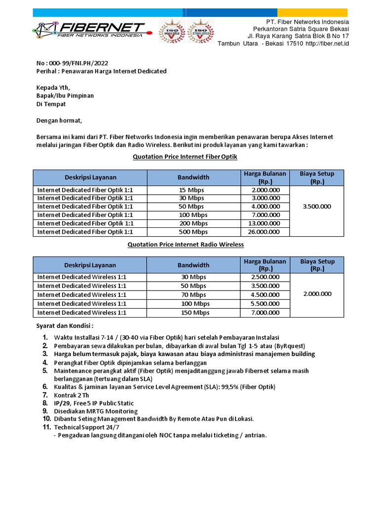 Penawaran Internet Fibernet FO Dan Wireless (Iwan) | PDF | Komputer ...
