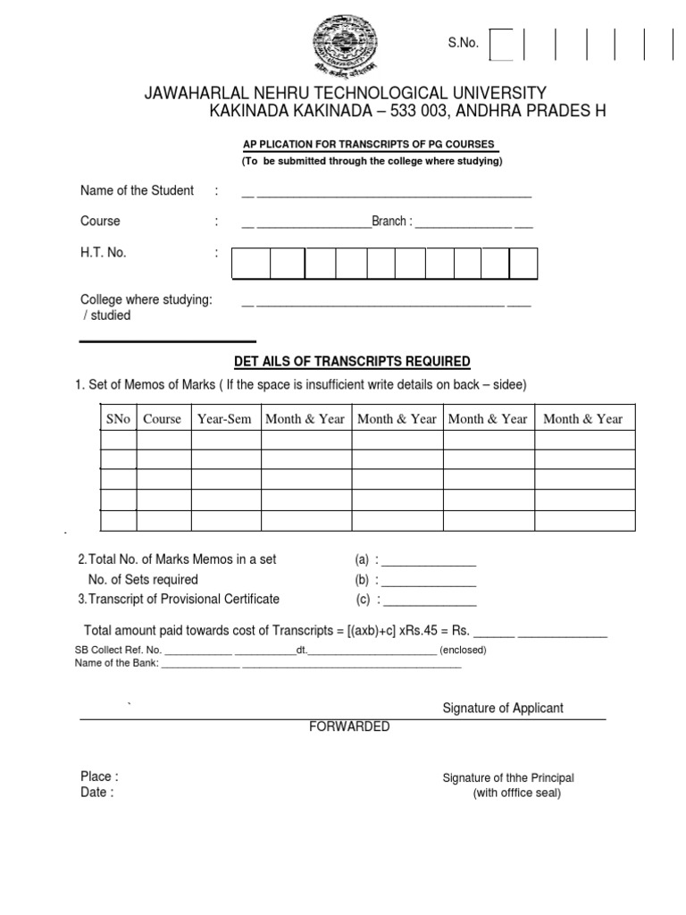 JNTUK PG Transcript Form Empty | PDF