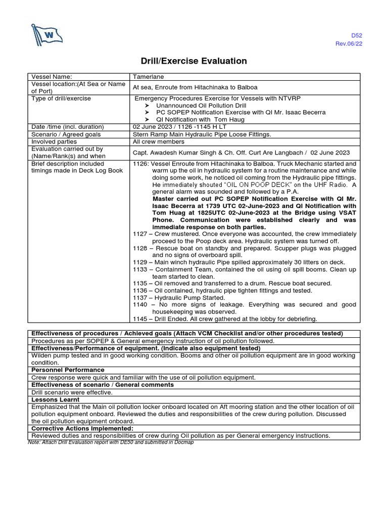 Oil Pollution Drill (Aft Mooring Station) PC SOPEP, QI Notification ...