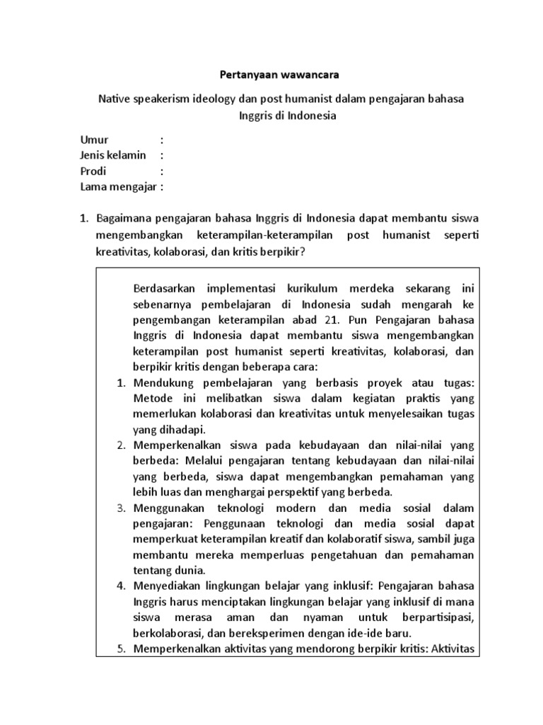 Pertanyaan Wawancara - Native Speakerism Ideology | PDF | Ilmu Sosial