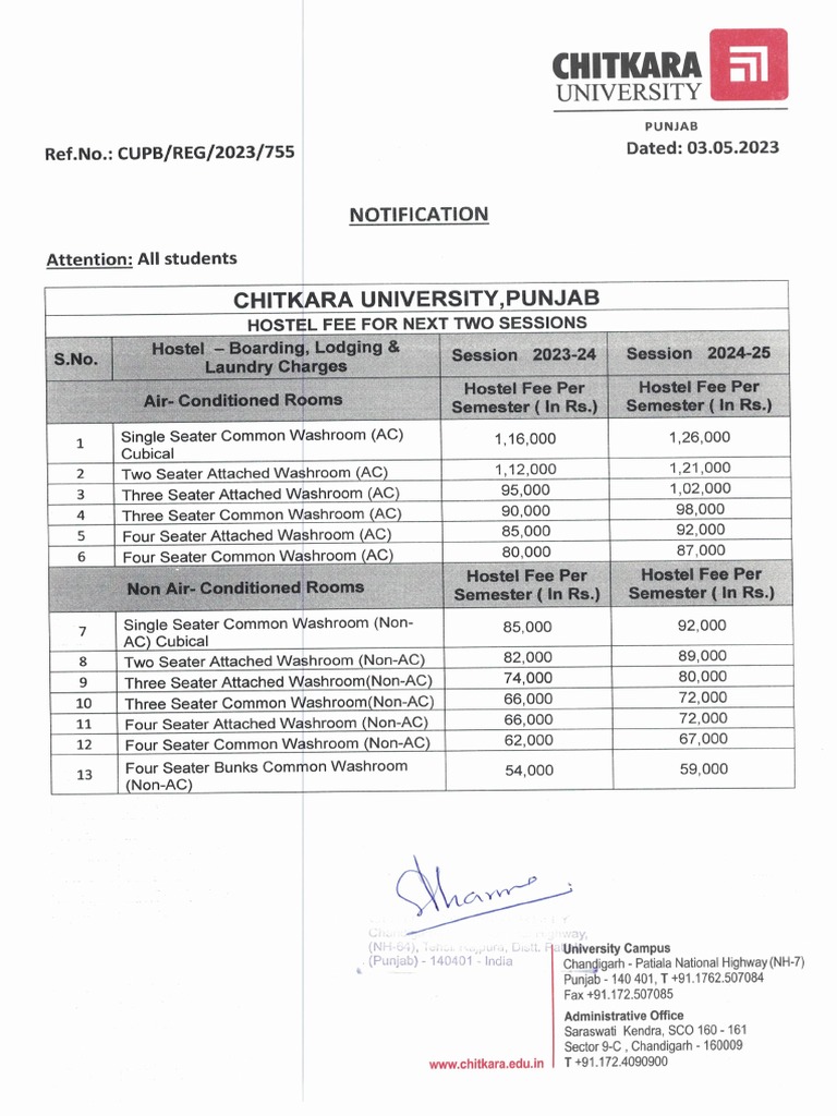 Notification - Hostel Fees For Session 2023-24 and 2024-25 | PDF