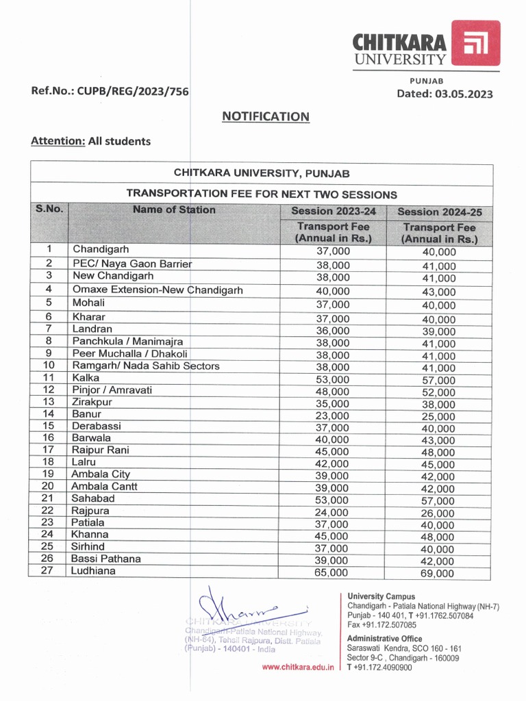 Notification - Transportation Fees For Session 2023-24 and 2024-25 | PDF