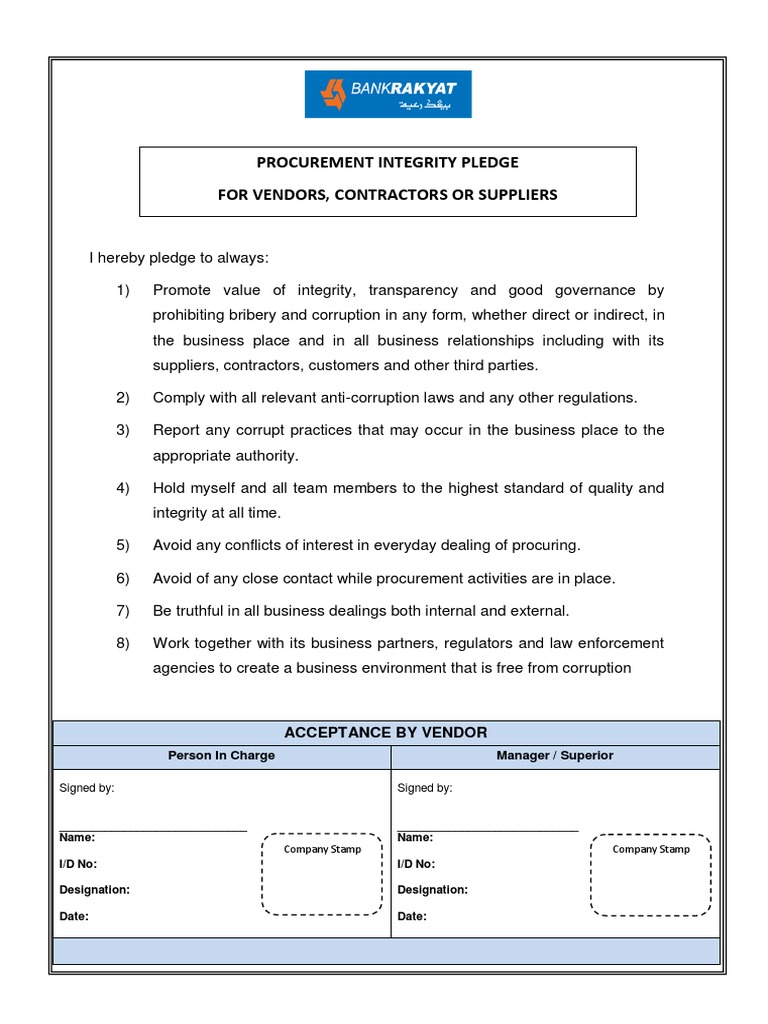 APPENDIX 2 - Vendor - Procurement Integrity Pledge 2020 | PDF APPENDIX 2 - Vendor - Procurement Integrity Pledge 2020 | PDF