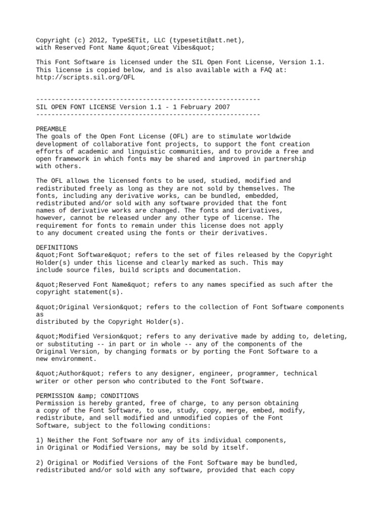 Great Vibes SIL OFL Font License | PDF | Copyright | Software