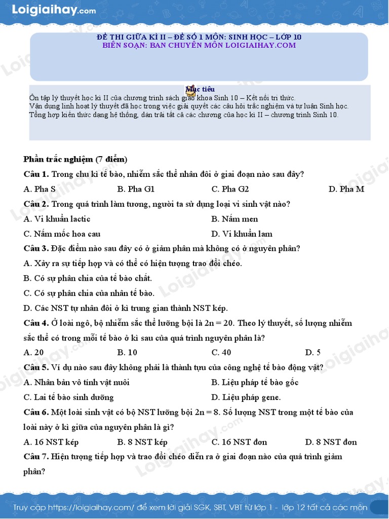 5 de Thi Giua Ki 2 Sinh 10 Co Dap an Va Loi Giai Chi Tiet 1675237880 | PDF