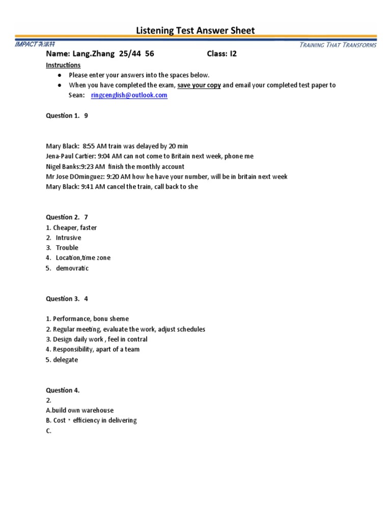 Lang - Zhang-Listening Test Answer Sheet | PDF