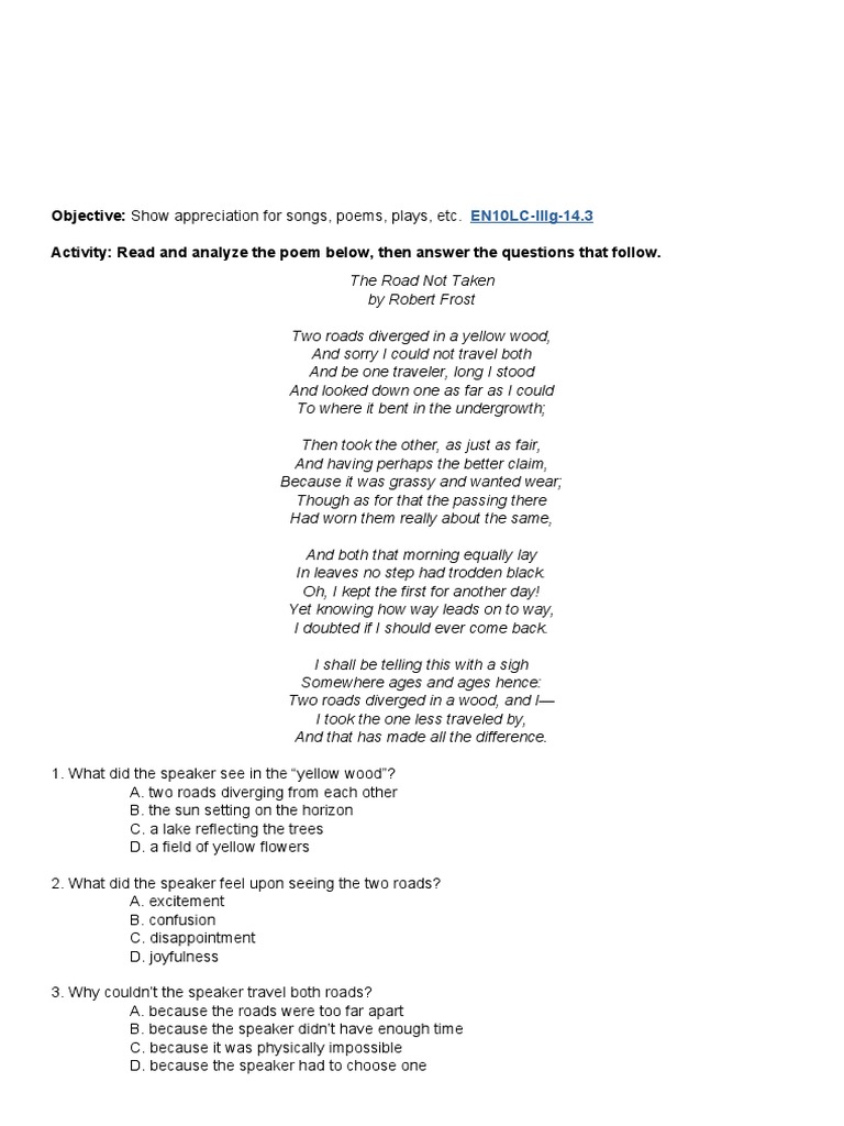 Analyzing "The Road Not Taken" Poem | PDF