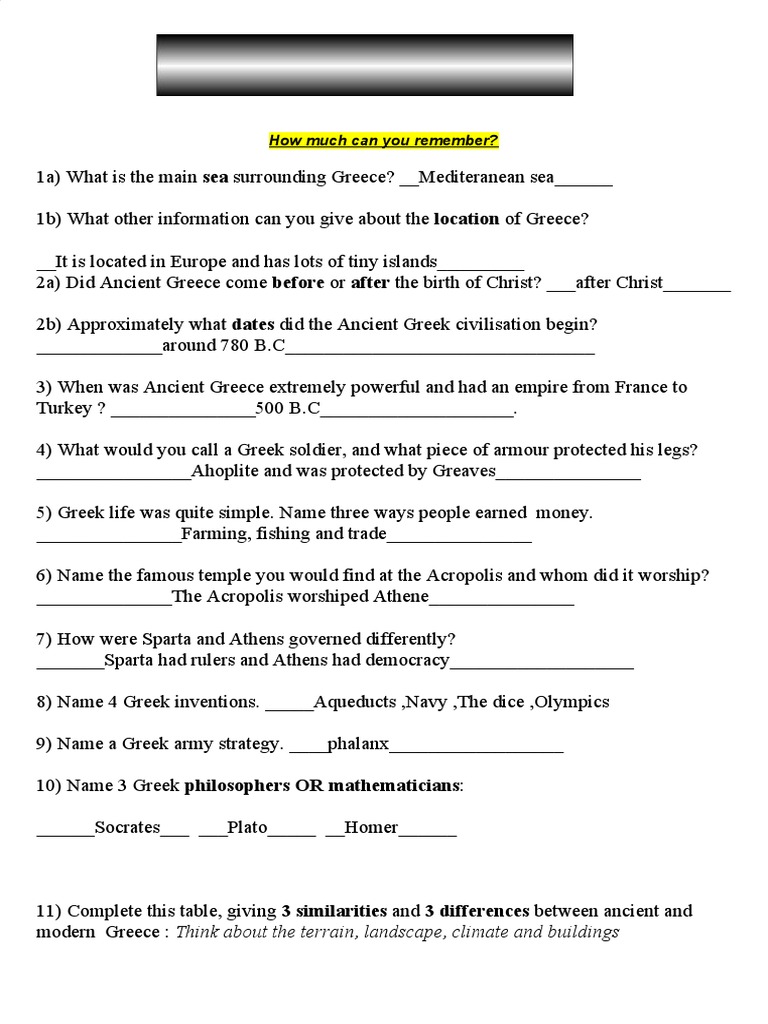 Introduction To Ancient Greece Worksheet Part 1 | PDF | Ancient Greece ...