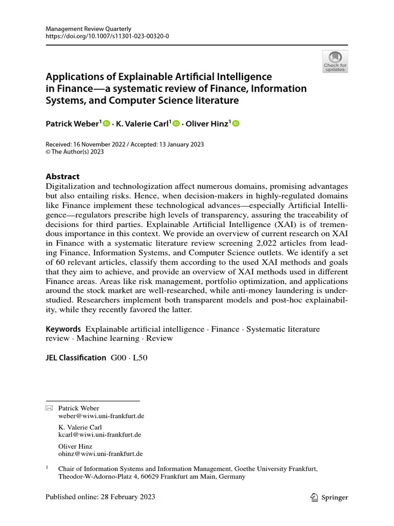 Applications Of Explainable Artificial Intelligence In Finance A Systematic Review Of Finance