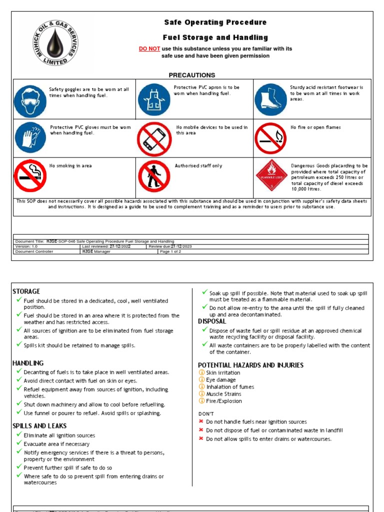 Fuel Storage and Handling SOP | PDF | Waste | Dangerous Goods