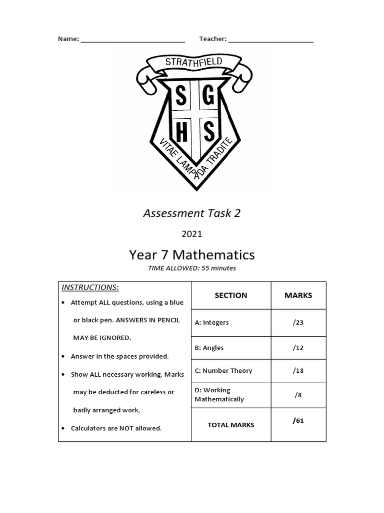 2022 Year 7 Assessment Task 2 With Solutions | PDF | Numbers | Prime Number