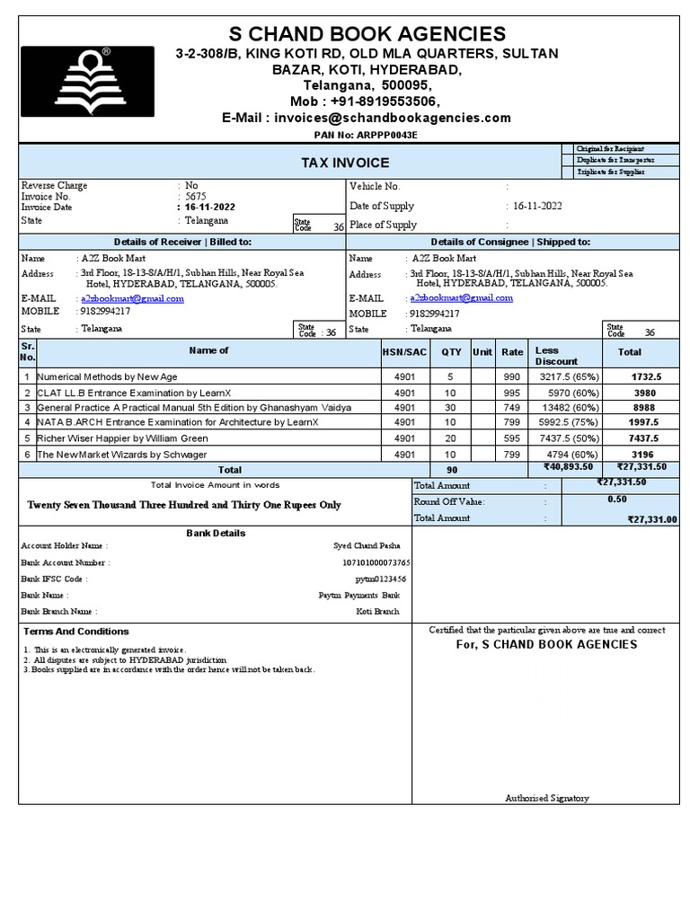 A2Z Mart Invoice - S Chand Agencies | PDF | Invoice | Payments