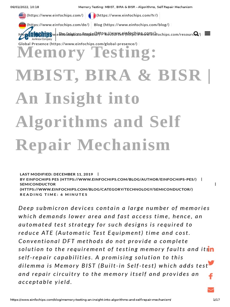 Memory Testing - MBIST, BIRA - BISR - Algorithms, Self Repair Mechanism ...