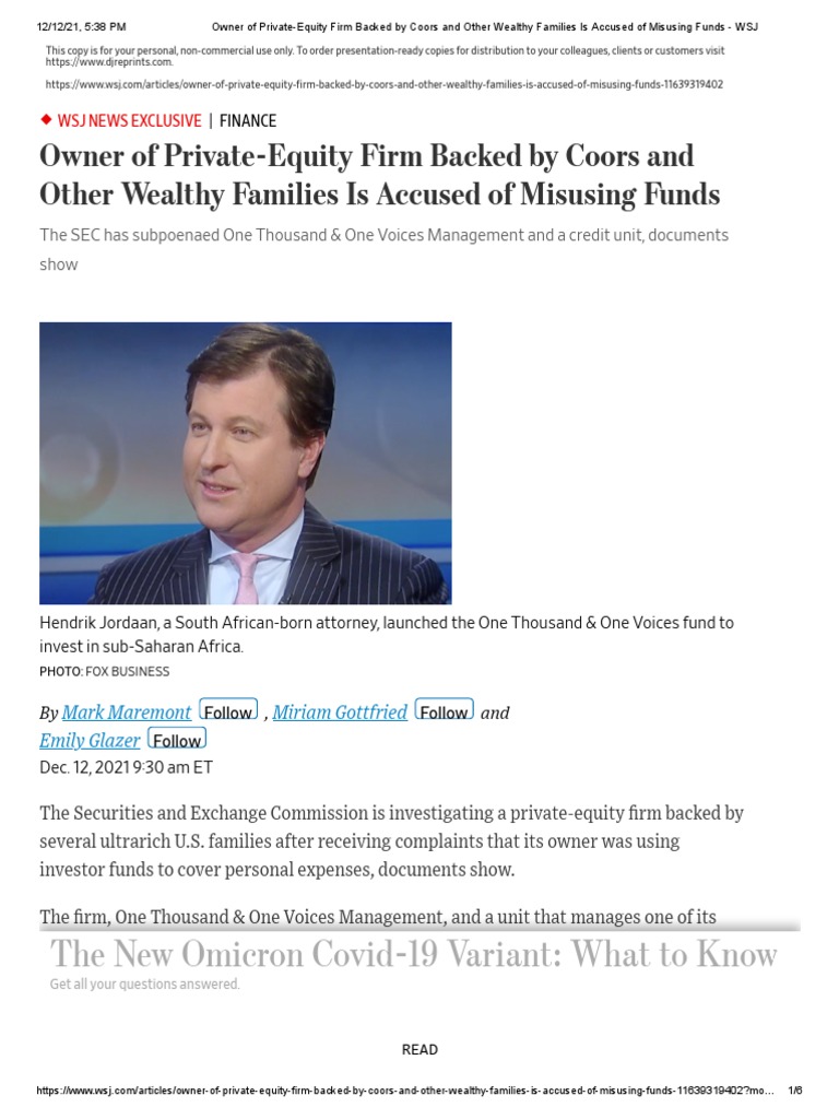 Owner of Private-Equity Firm Backed by Coors and Other Wealthy Families ...