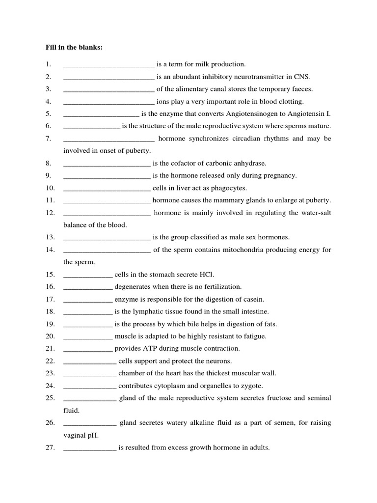 One Word Questions - Physiology - Fill Ups and Location Type Questions ...