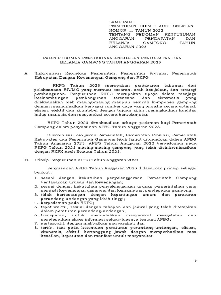Pedoman APBG Aceh Selatan 2023 | PDF | Pengelolaan Keuangan & Uang | Ilmu Sosial