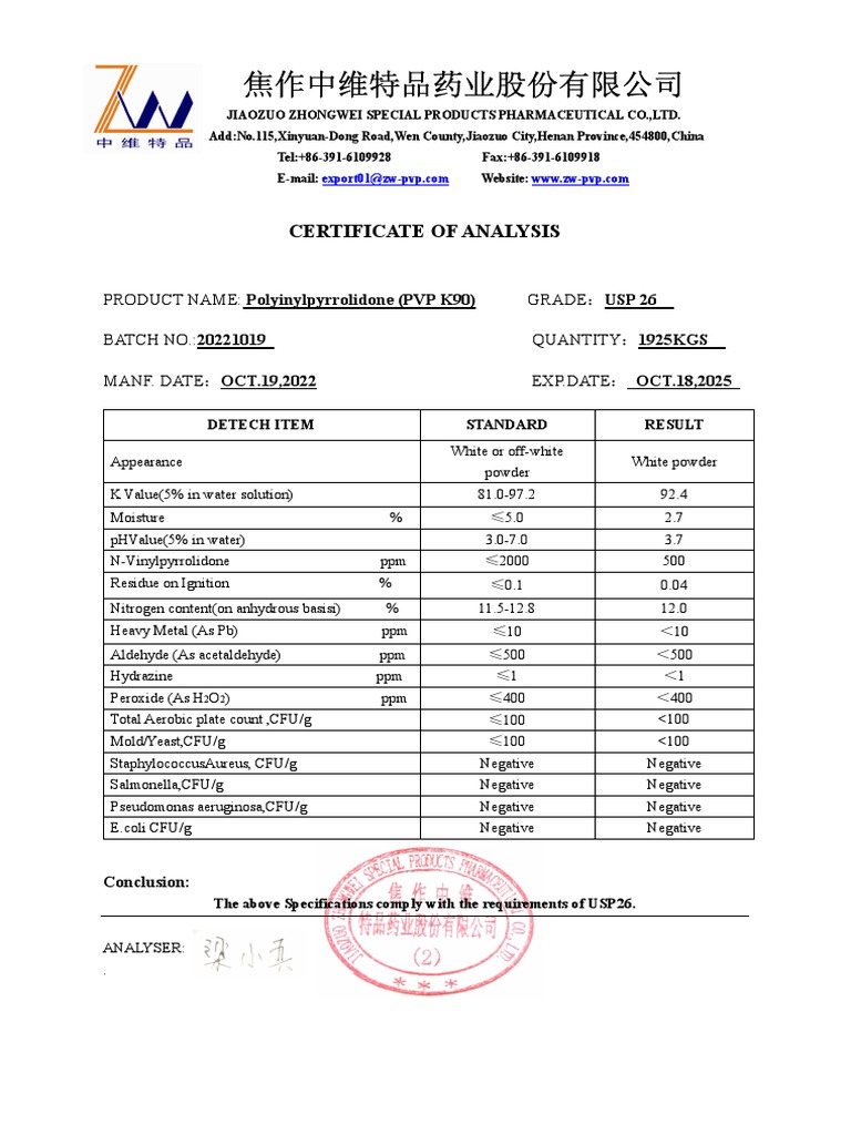 Coa Polivinilpirrolidona K-90 (PVP K-90) Lote 20221019 | PDF | Physical Sciences | Chemical ...