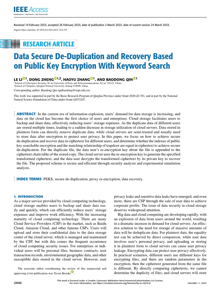 IEEE2023 Data Secure De-Duplication and Recovery Based On Public Key Encryption With Keyword ...
