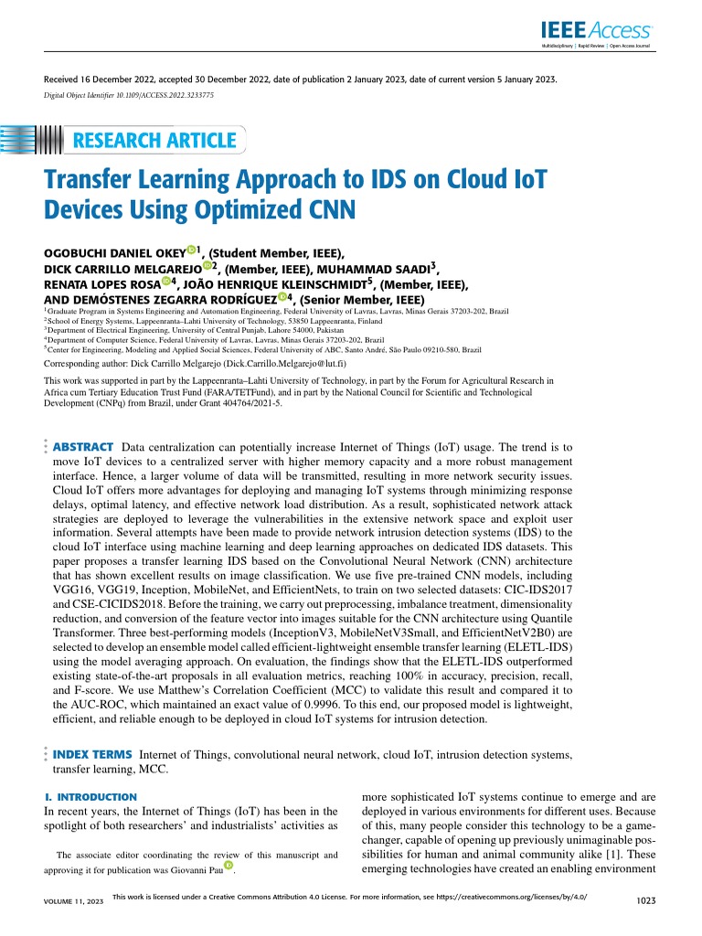 IEEE2023 Transfer Learning Approach To IDS On Cloud IoT Devices Using Optimized CNN | PDF ...