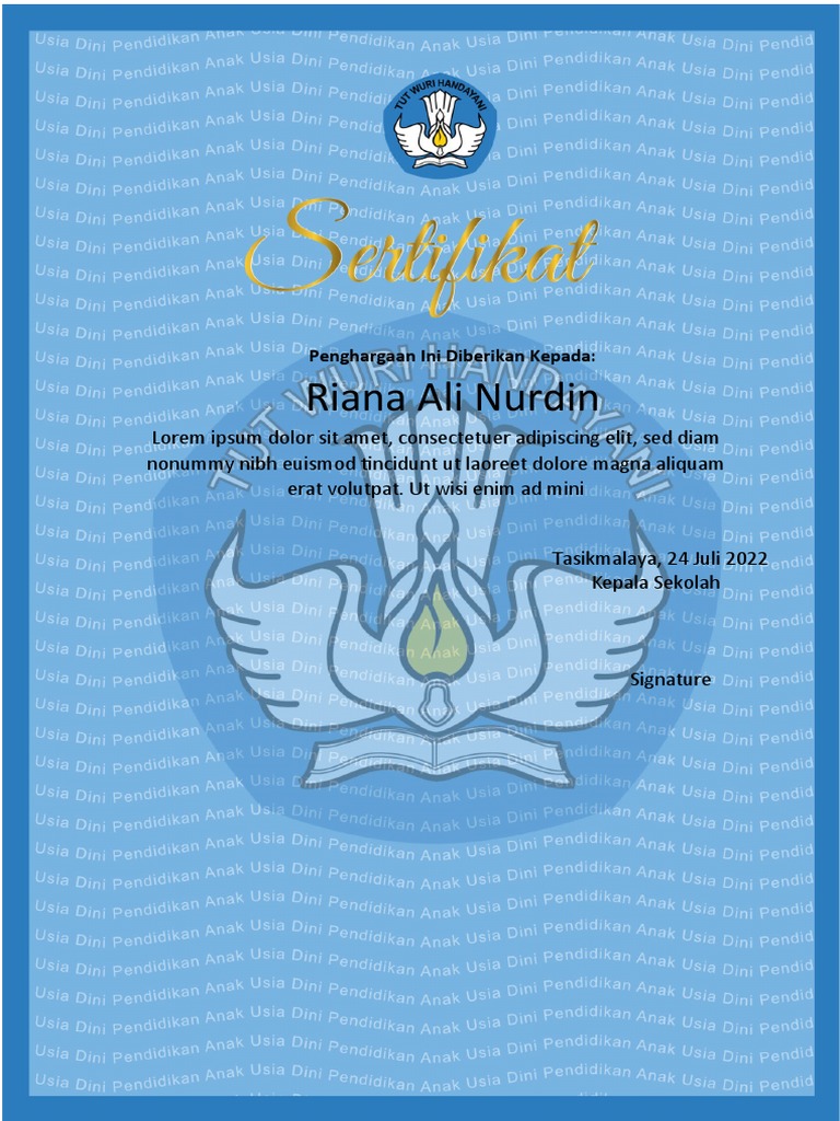 Desain Sertifikat TK Gratis 1 Word Potrait | PDF