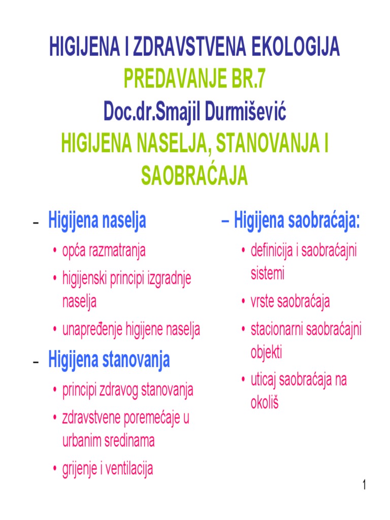 Higijena, Predavanje br.7, Higijena Naselja, Stanovanja I Saobraćaja | PDF