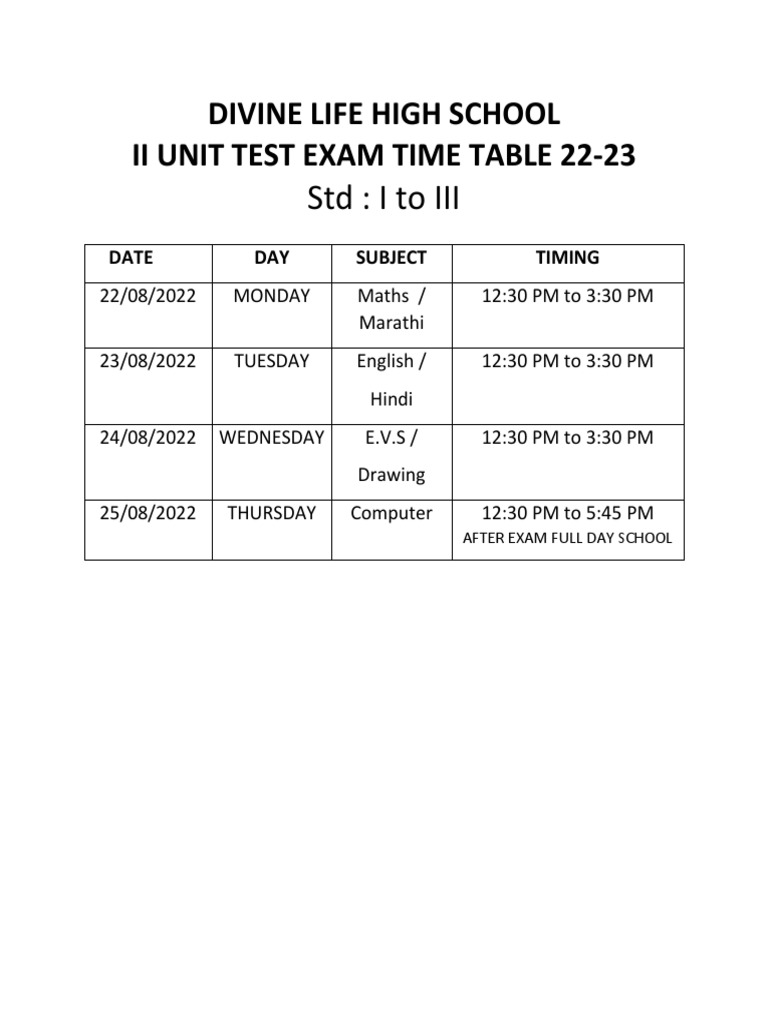 2nd Unit Test Time Table 1 To 3 22-23 | PDF