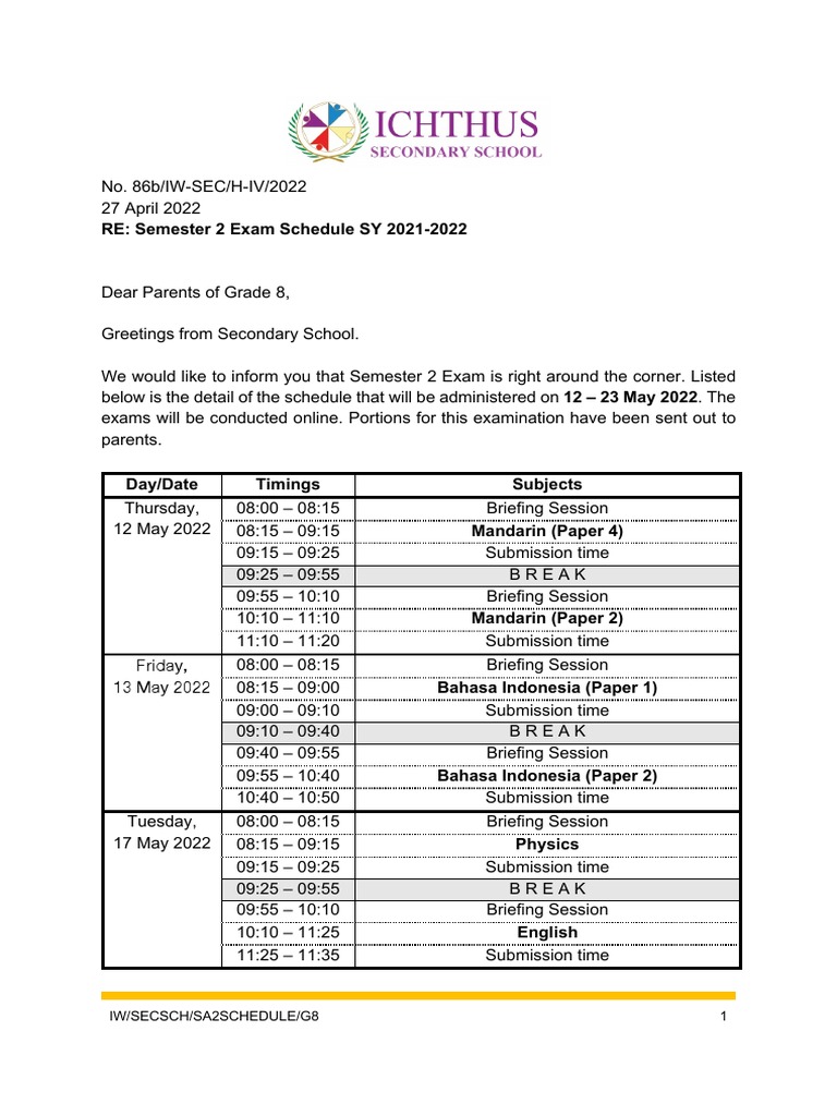G8 SA2 Schedule - Student's | PDF | Academic Term | Schools