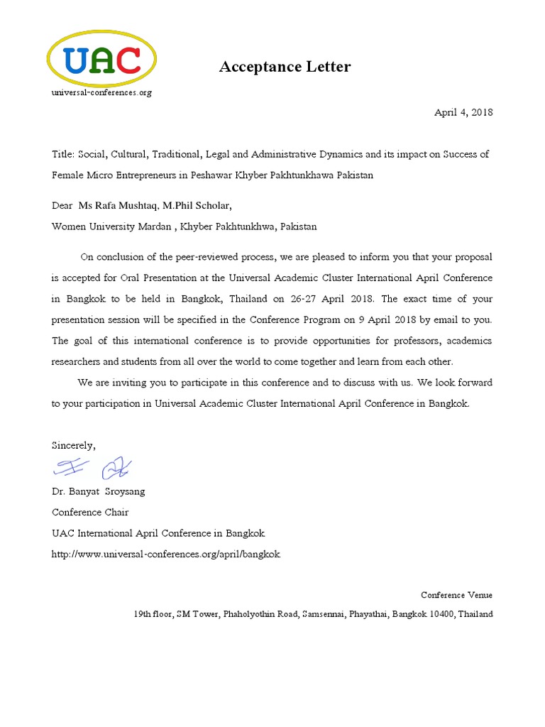 Acceptance Letter: Ms Rafa Mushtaq, M.Phil Scholar | PDF