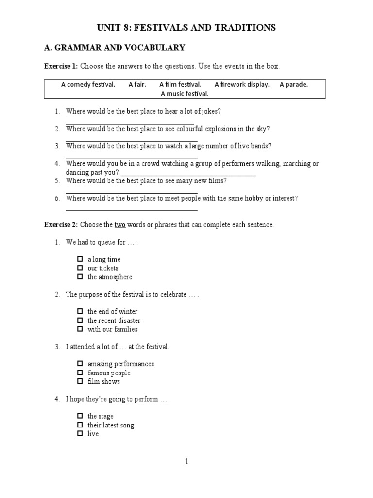 Unit 8: Festivals and Traditions: A. Grammar and Vocabulary | Download ...