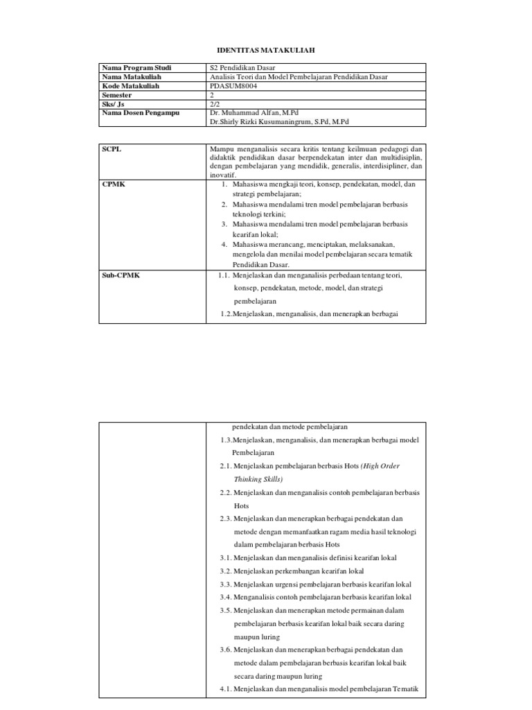 Rps Analisis Model Pembelajaran | PDF