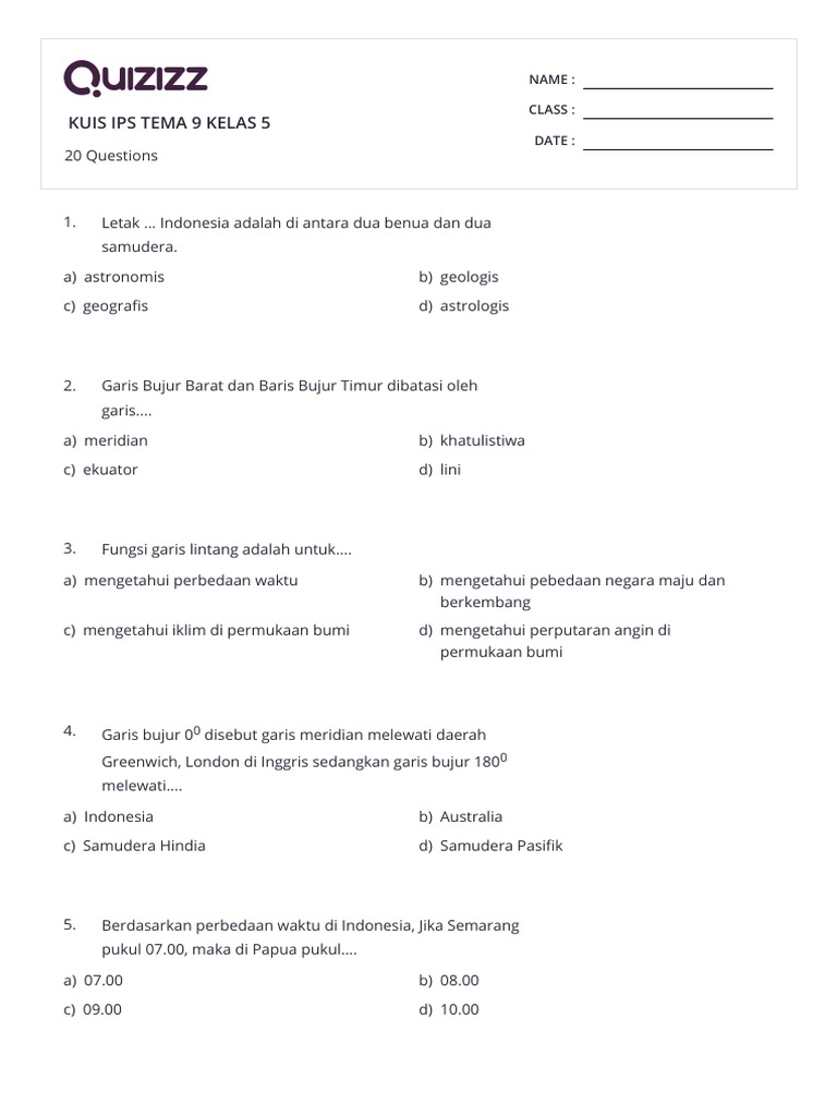 Kuis Ips Tema 9 Kelas 5 - Print - Quizizz | PDF