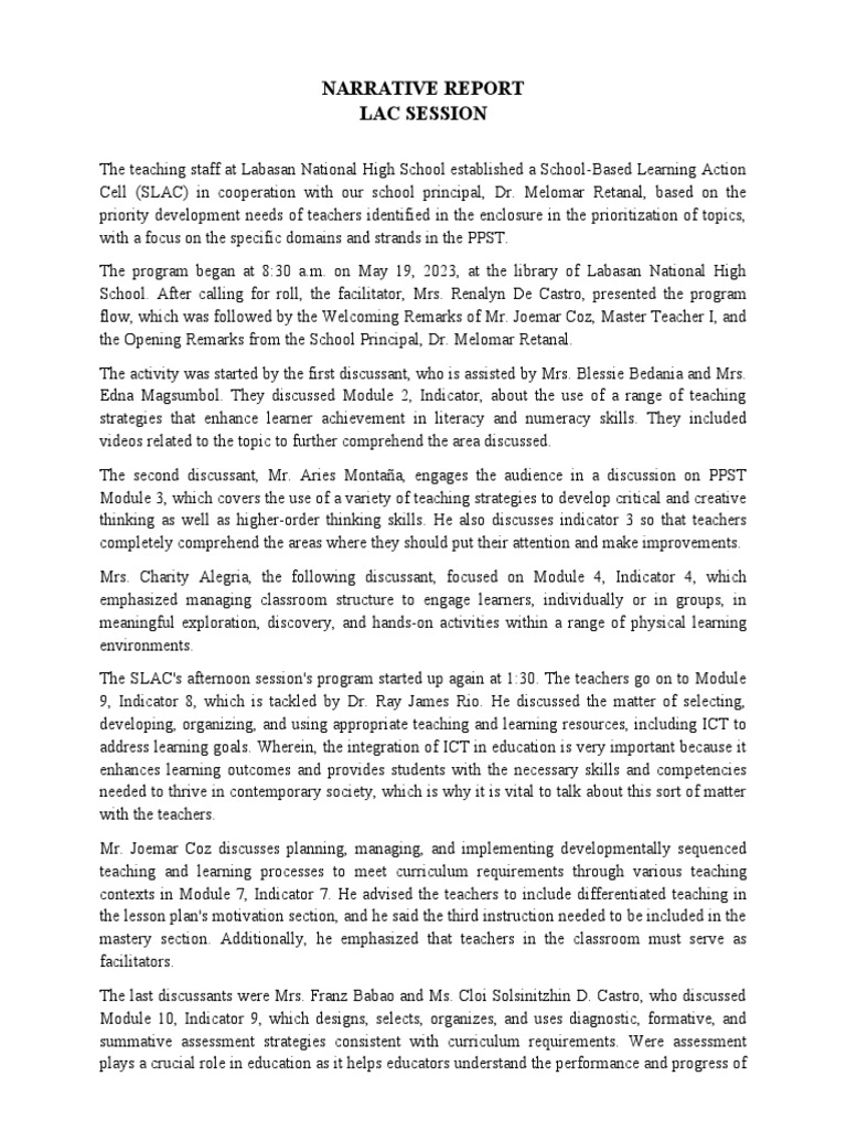 LAC Narrative Report | PDF | Teachers | Educational Assessment