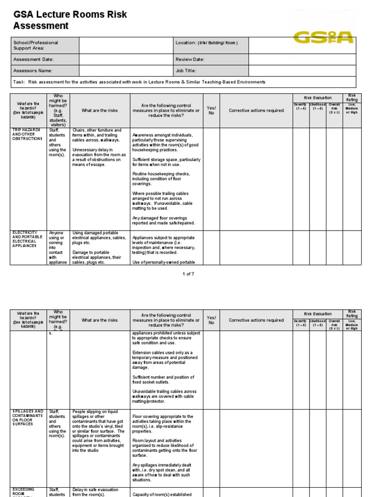 GSA Generic Lecture Rooms Assessment | PDF | Risk | Hazards