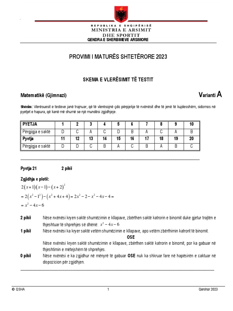 Skema e Vleresimit - D2 Gjimnaz - Varianti A | PDF