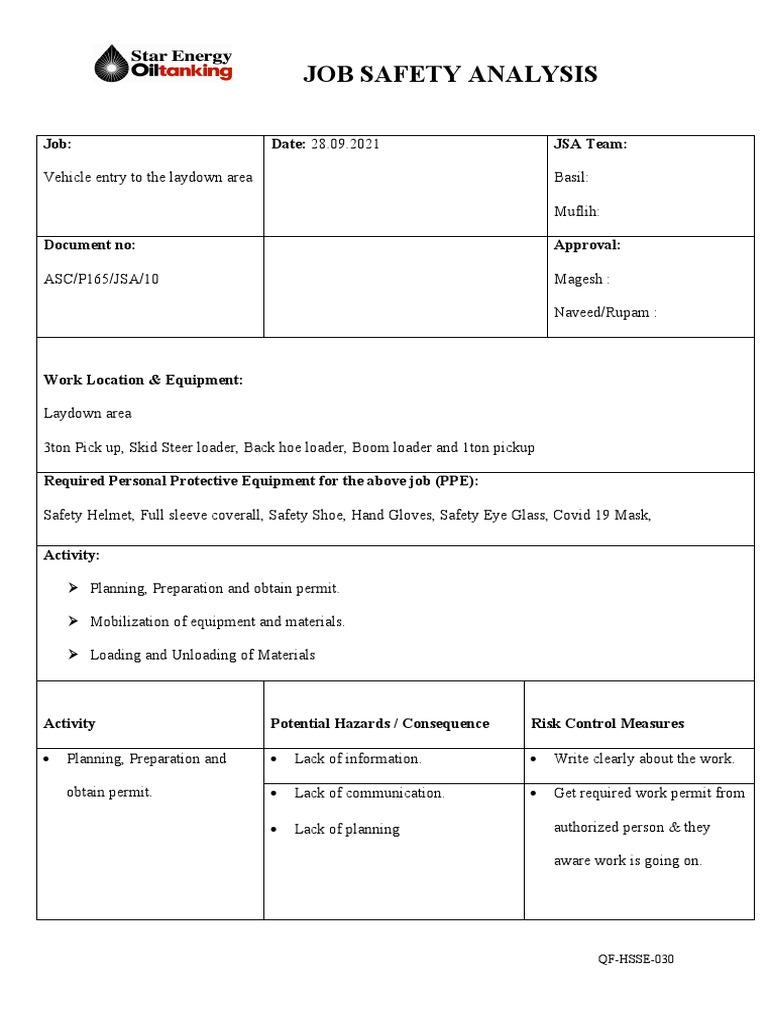 SEOT JSA For Vehicle Entry | PDF | Vehicles | Personal Protective Equipment