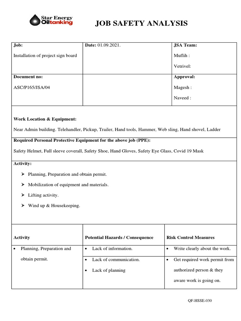 SEOT JSA For Installation of Project Sign Board | PDF | Personal ...