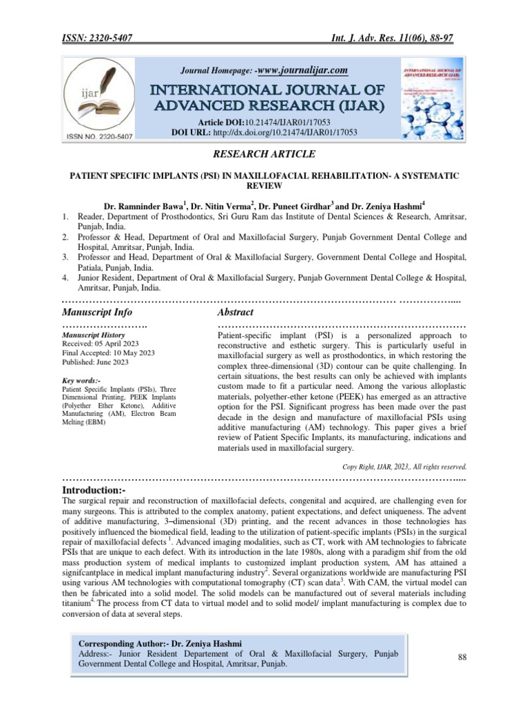 Patient Specific Implants (Psi) in Maxillofacial Rehabilitation - A ...
