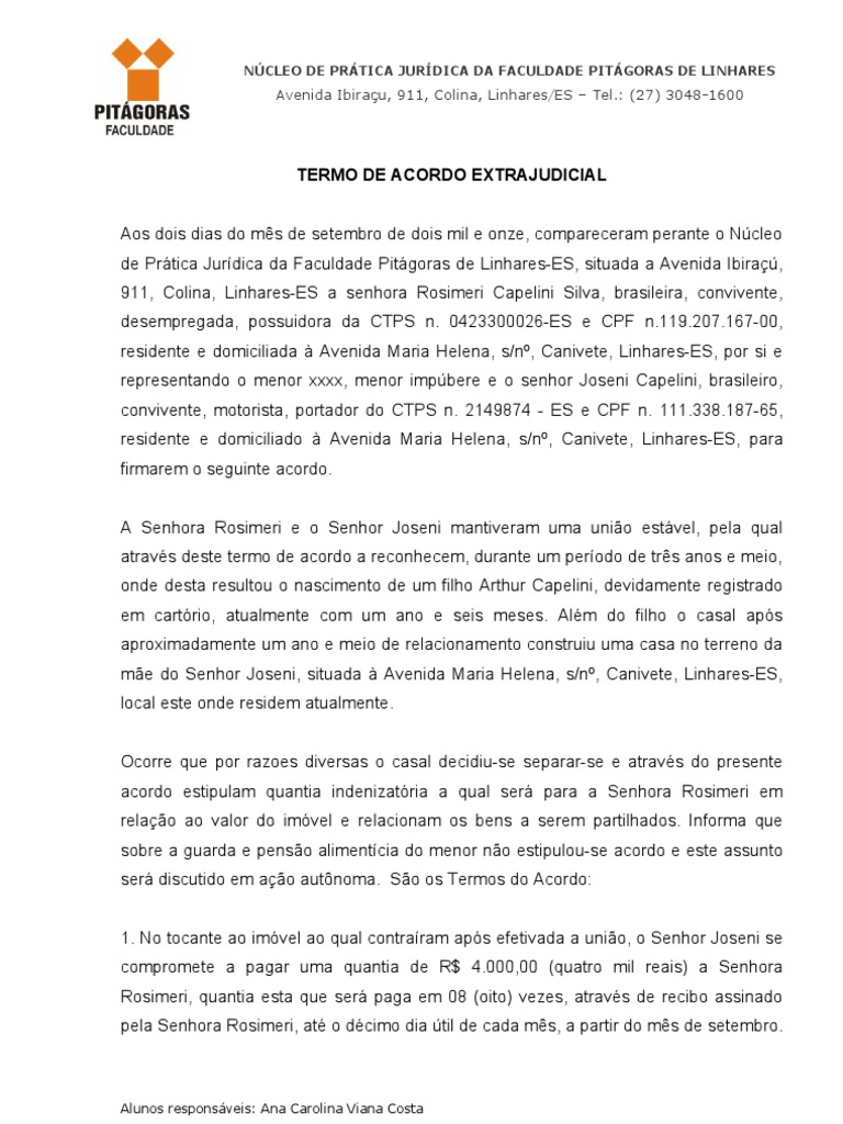 Termo de Acordo Extra Judicial | PDF | Família | Sociedade