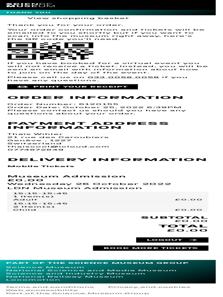 Order Confirmation Science Museum | PDF