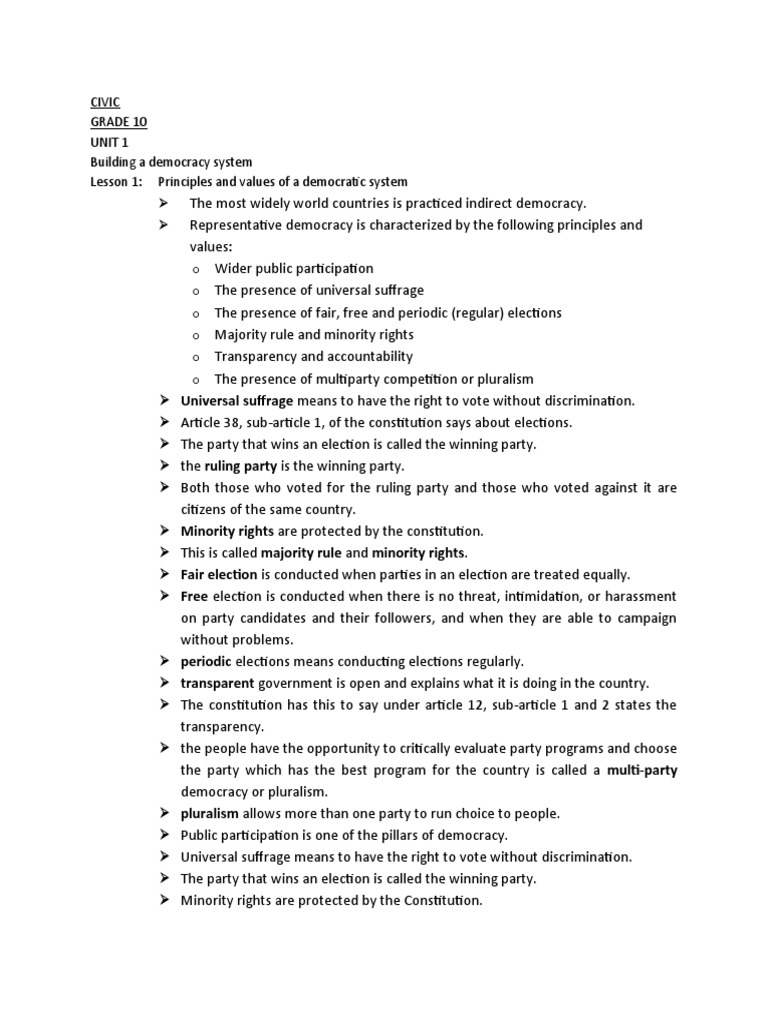 Grade 10 Civic Short Note | PDF | Rule Of Law | Democracy