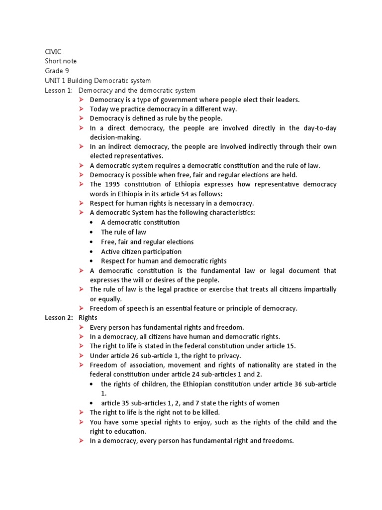 Grade 9 Civic Short Note | PDF | Democracy | Political Ideologies