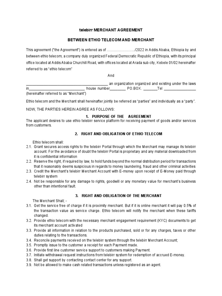 Telebirr MERCHANT AGREEMENT | PDF | Money Laundering | Terrorism Financing